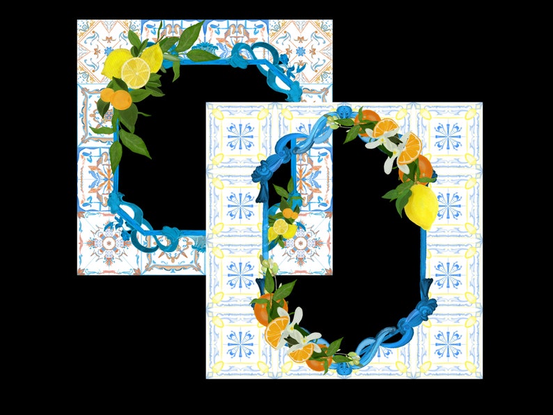 Blue Watercolor Mediterranean Sicilian Tile Frames, Floral Borders Png ...