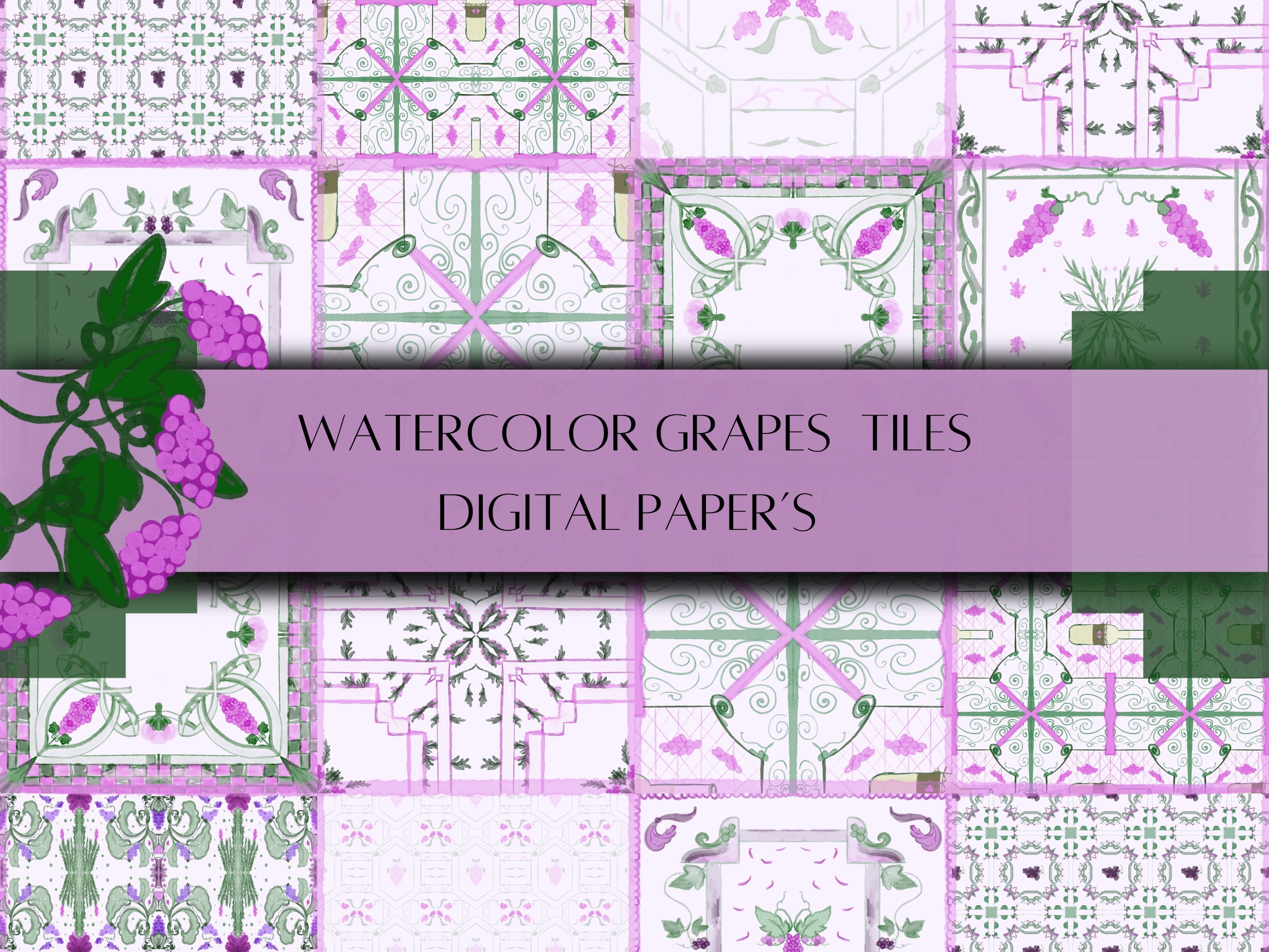 Purple Watercolor Tiles Clipart. Italian Green Tiles,vineyards Digital ...