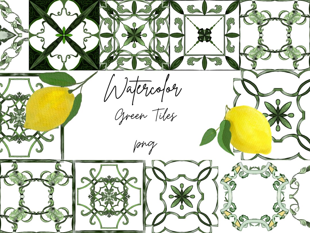 Watercolor Tile Digital Paper, Hand Painted Green Tile Clipart,instant ...