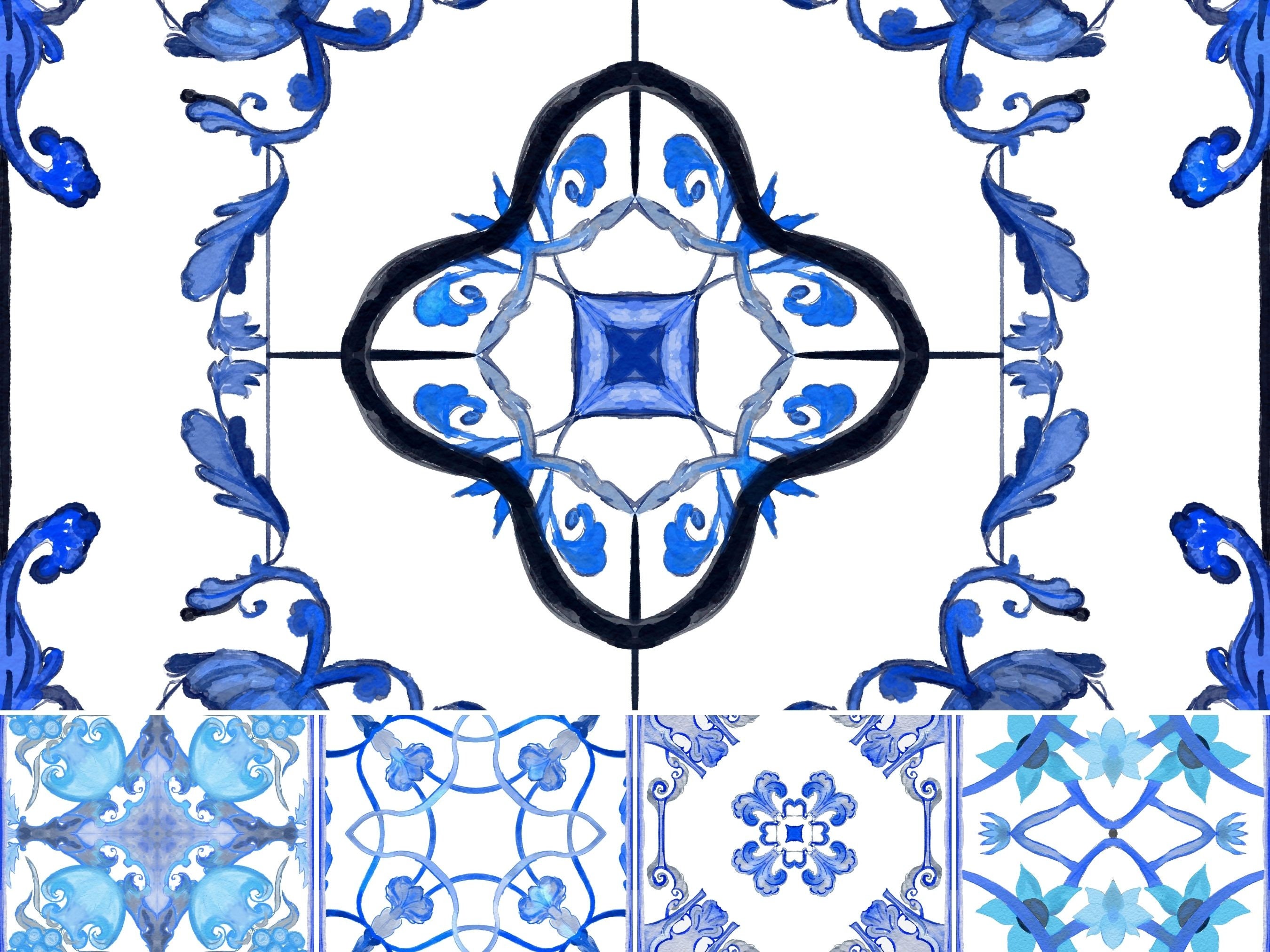 Azulejos Portuguese Clip Art,watercolor Blue Squere Vintage Tiles ...