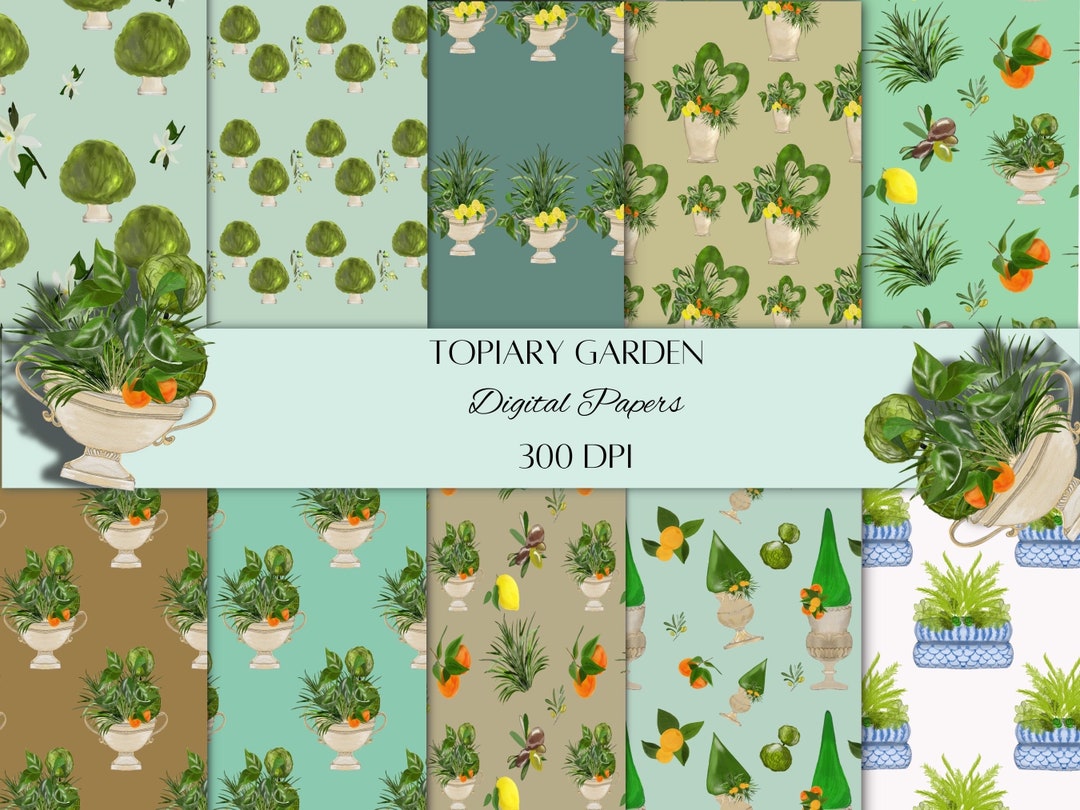 Watercolor Topiary Garden Seamless Digital Paper.tropical Scrapbooking ...
