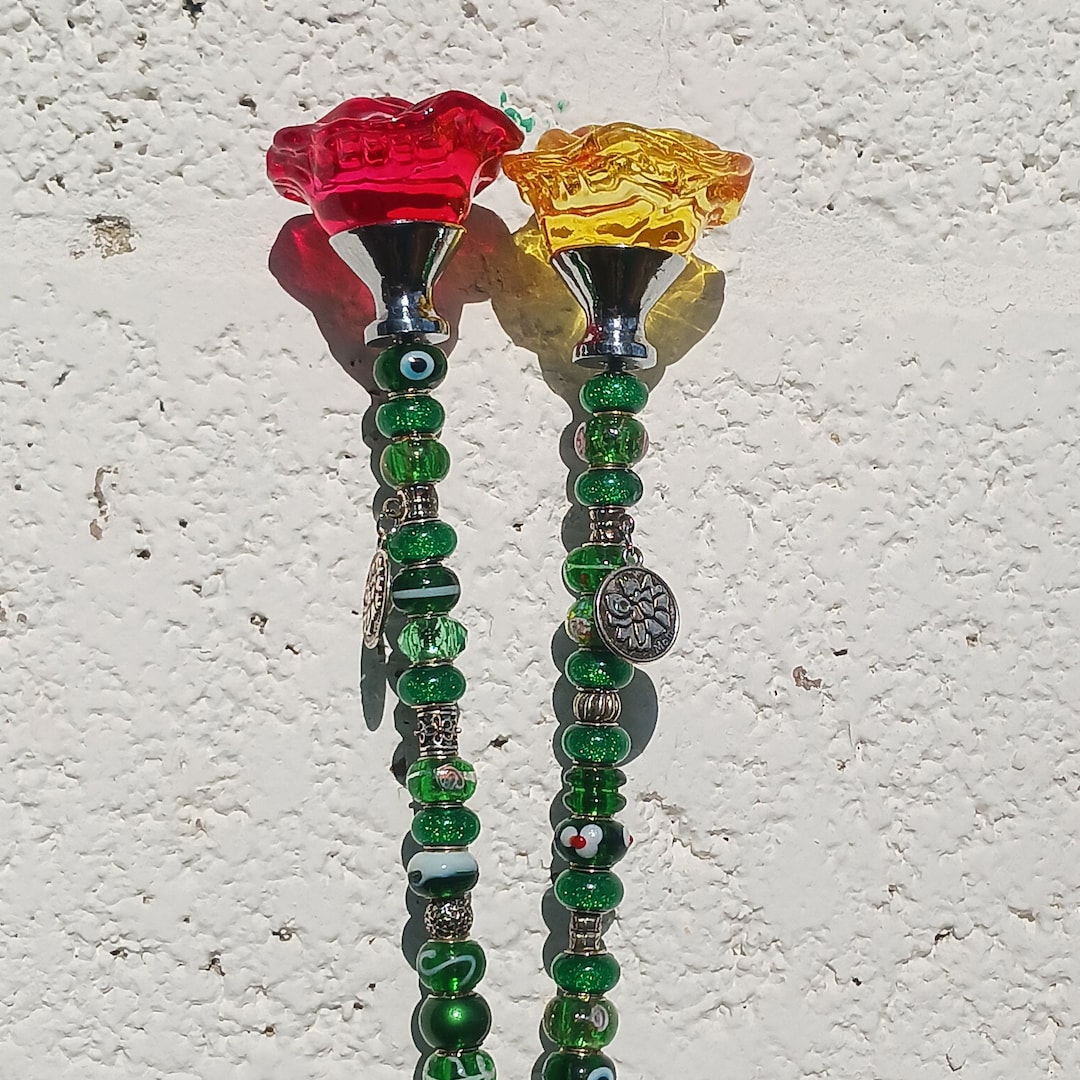 50mm Glass Rose Garden Stake, 14-inch Glass Fairy Garden Decor, Fairy ...