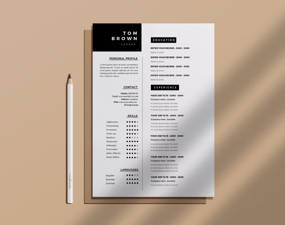 B&W Resume - CV Template for Canva, Resume/cv, Template Without Photo ...