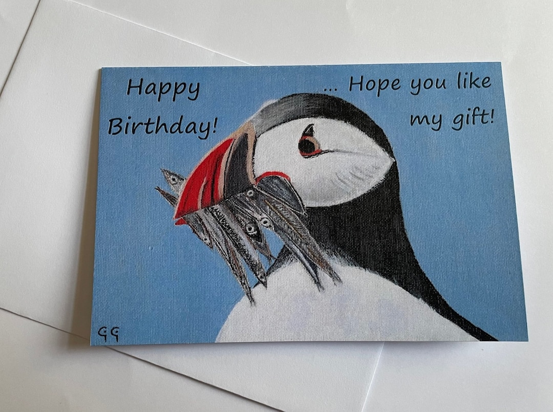 Printable Birthday Card - Puffin With Gift! From an Original Painting ...