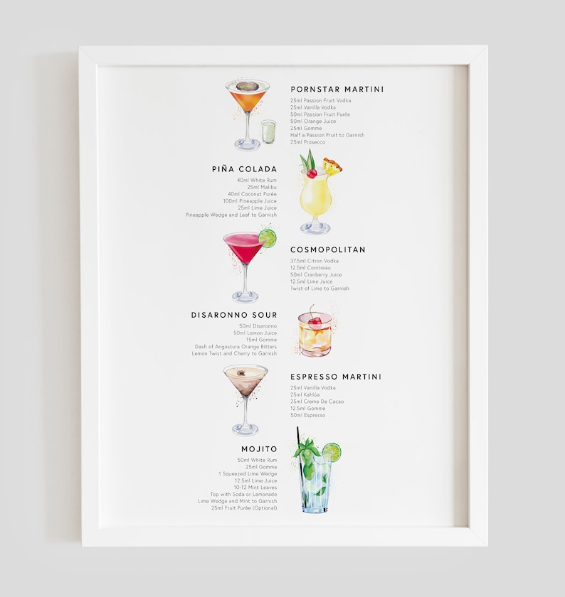 Personalised Watercolour Cocktail Menus A3 - Etsy UK