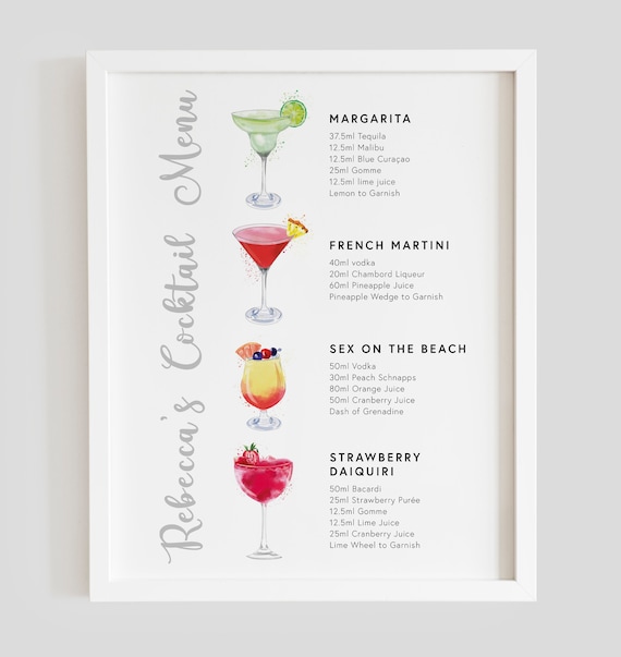 Personalised Watercolour Cocktail Menus - Etsy UK