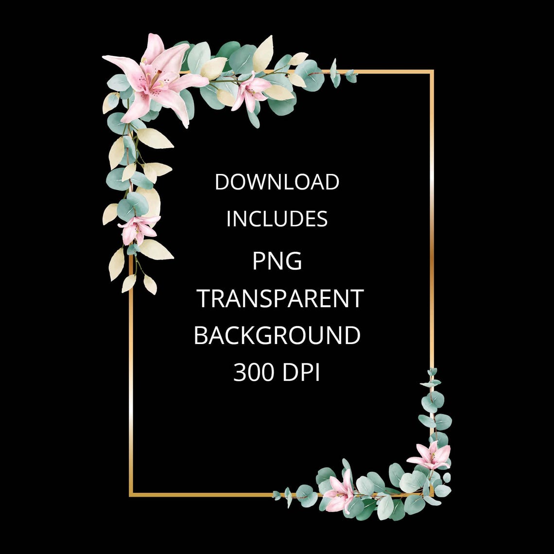 Floral Gold Frame Clipart: Dusty Rose Pink Flowers, Eucalyptus Border ...