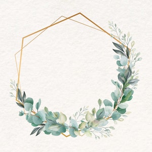 Eucalyptus and Gold Wreath Clipart, Wedding Invitation Clipart ...