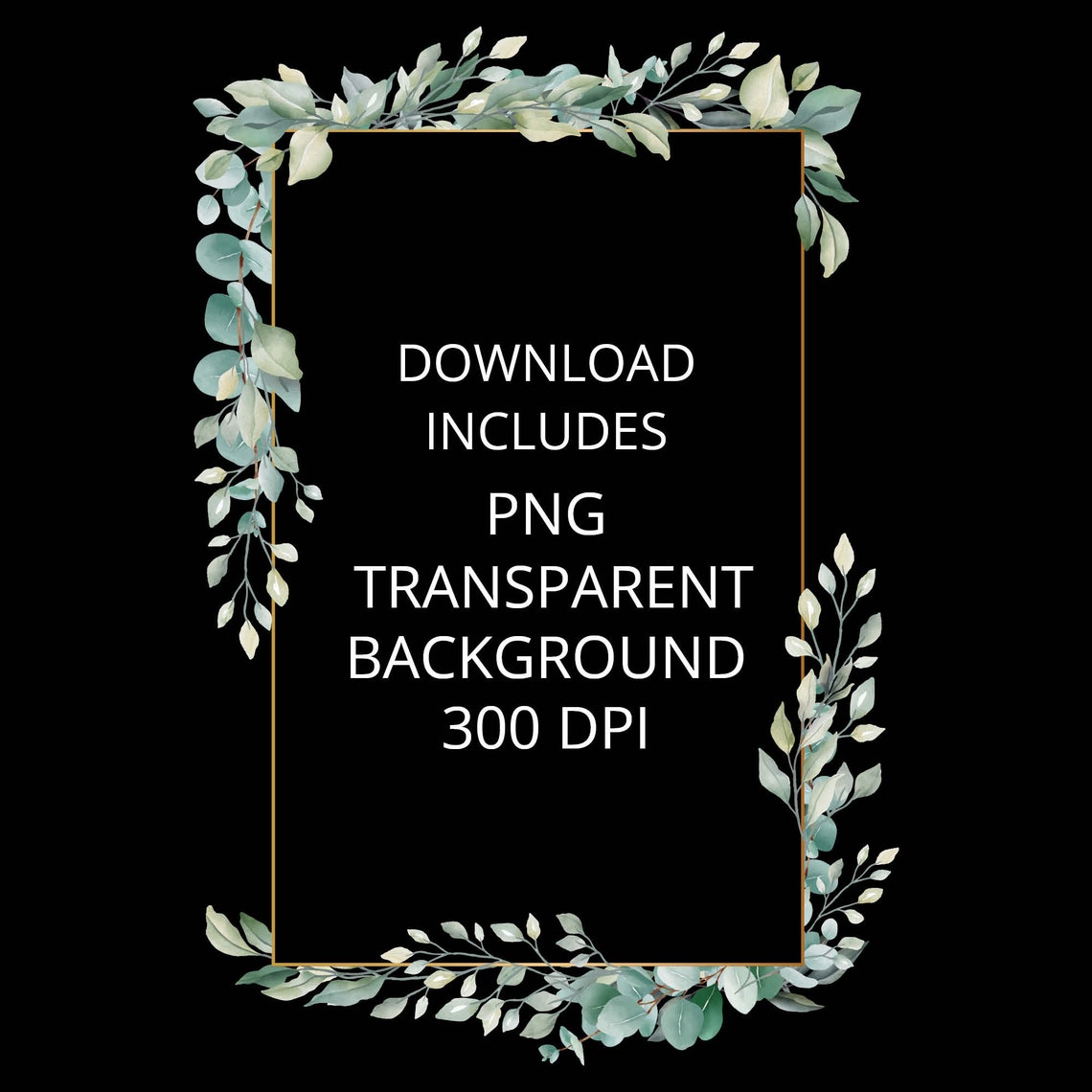 Eucalyptus & Gold Frame Clipart: Wedding Invitation Border (digital ...