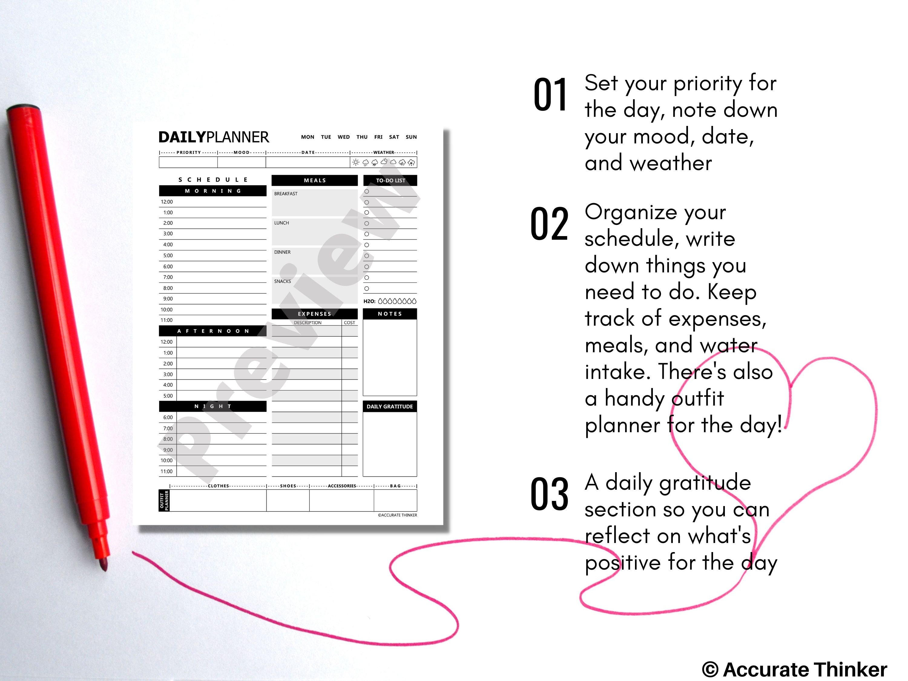 Daily Planner Printable Undated Daily Page Daily Organizer - Etsy