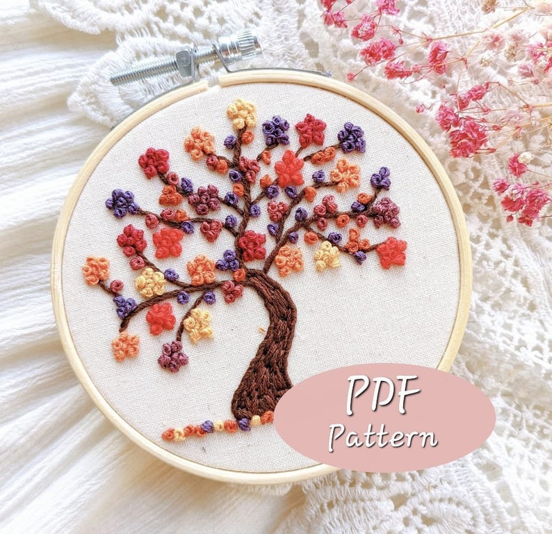 French Knot Autumn Fall Tree Embroidery Pattern PDF Download, Hand ...