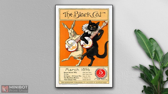 Black Cat & Rabbit Vintage Art Poster Print - Etsy