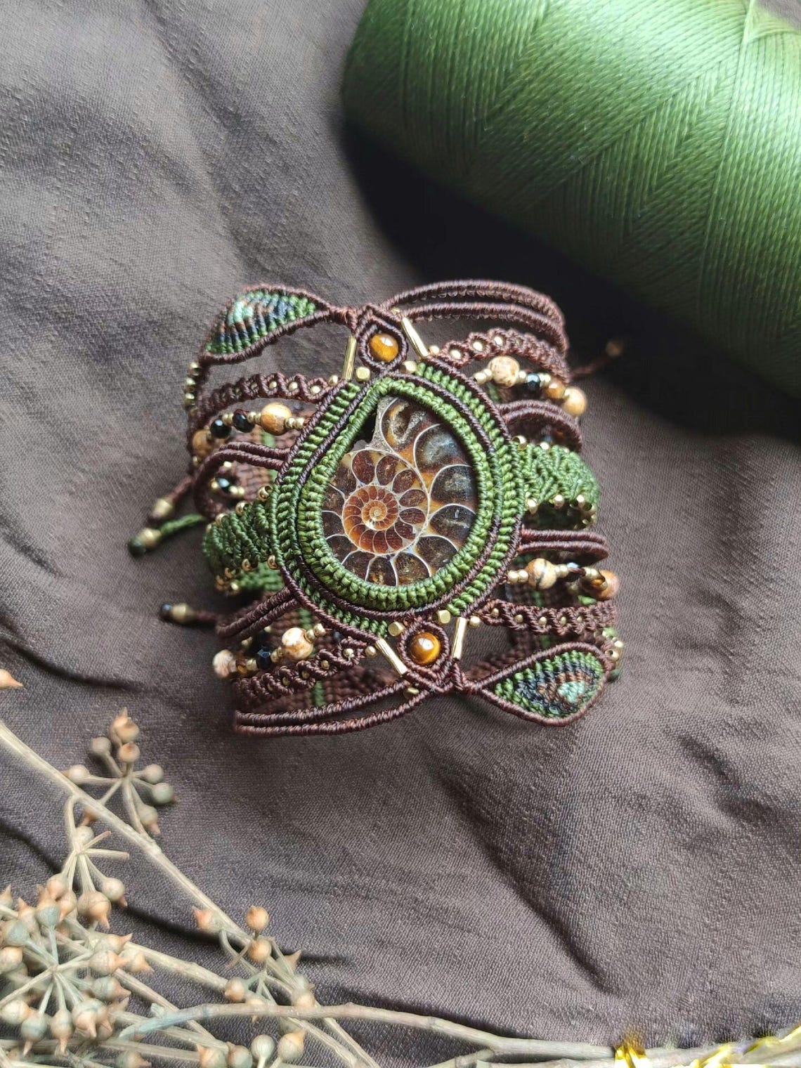 Natural Ammonite Fossil Macrame Bracelet, Spiral Shell Boho Jewelry - Etsy