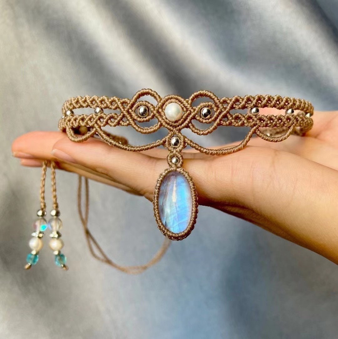Macrame Moonstone Choker, Pearl Wedding Jewelry, Birthstone Gift - Etsy