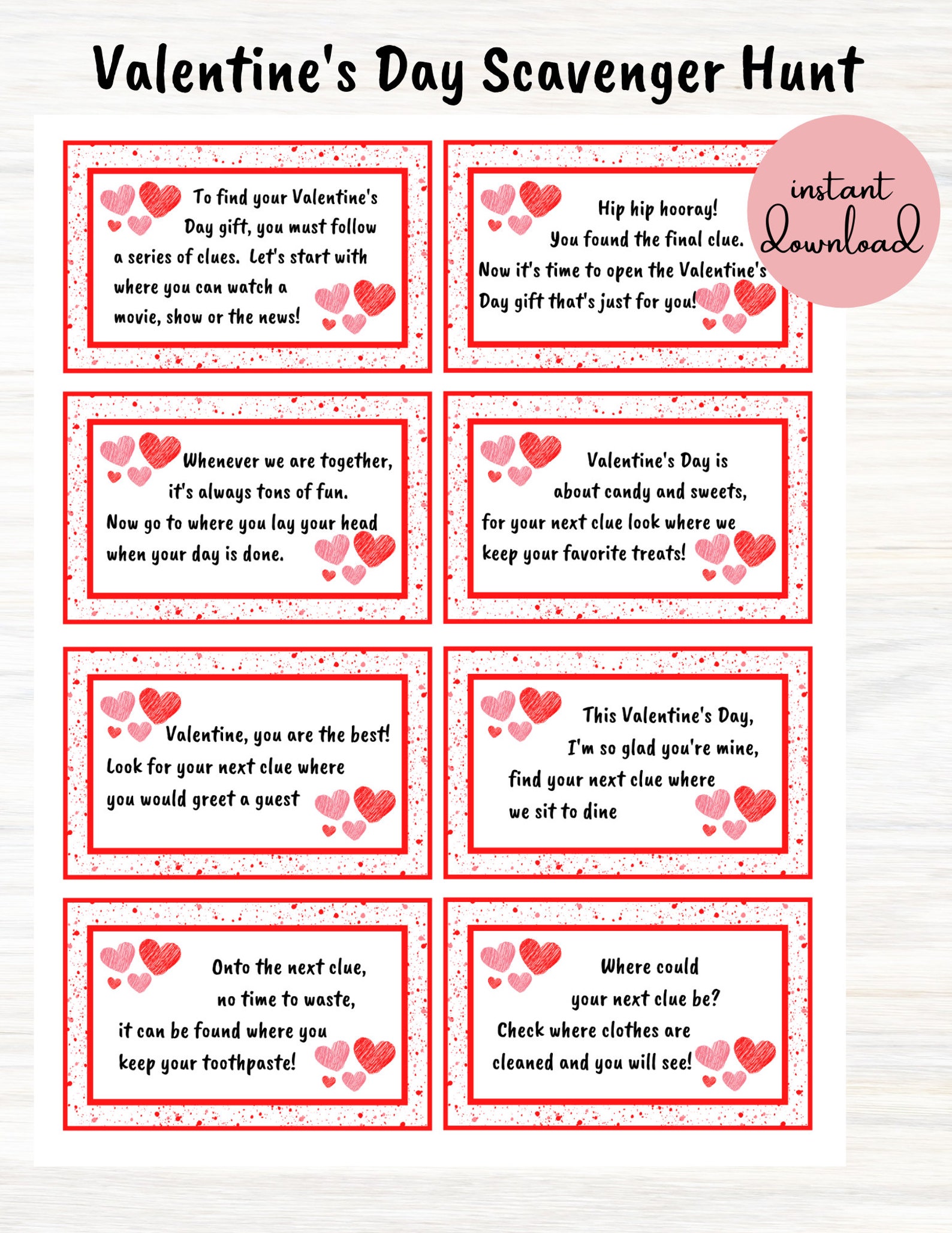 Valentines Day Scavenger Hunt Clue Cards Valentines Day Treasure Hunt