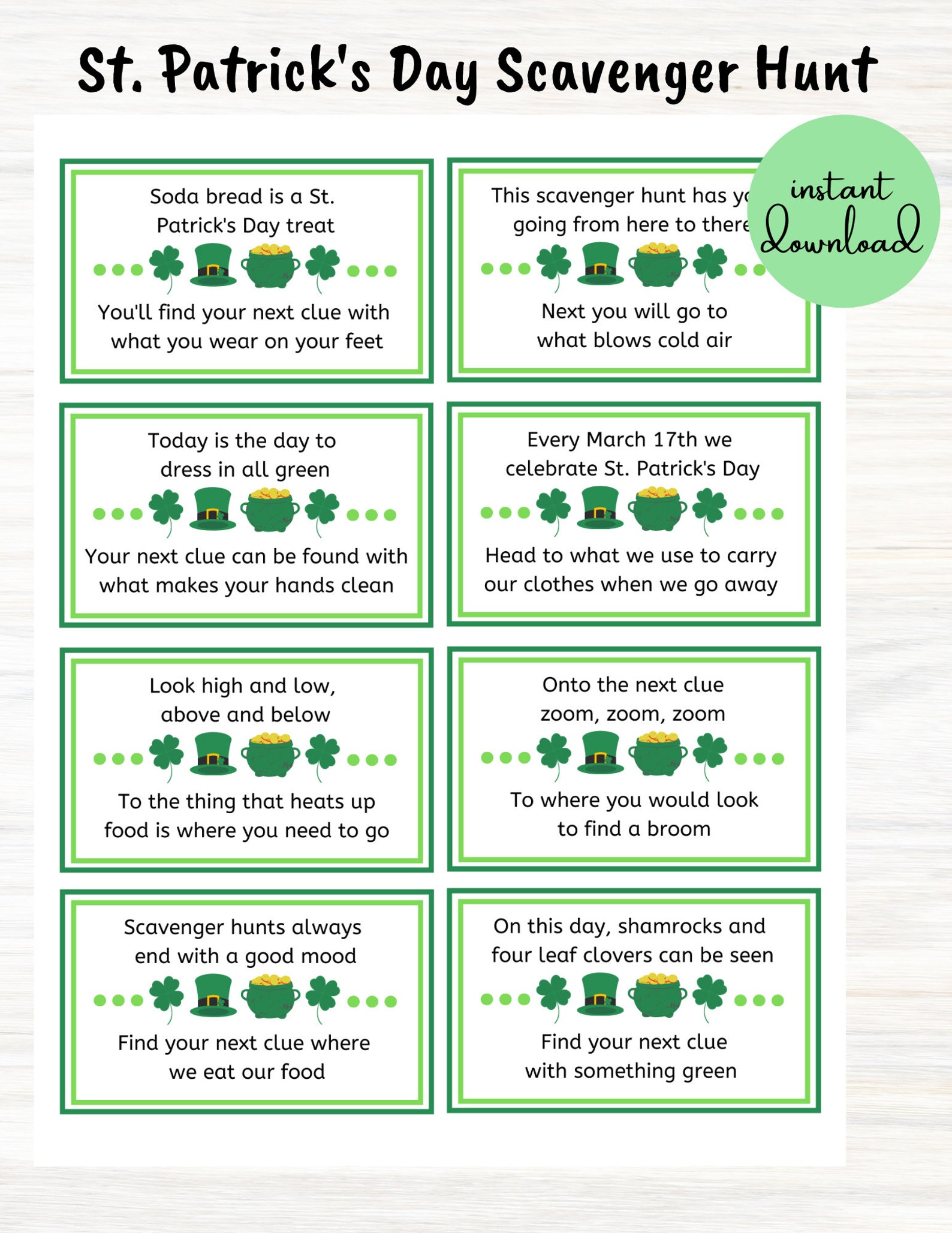 St. Patrick's Day Scavenger Hunt Clue Cards| Saint Patrick's Day ...