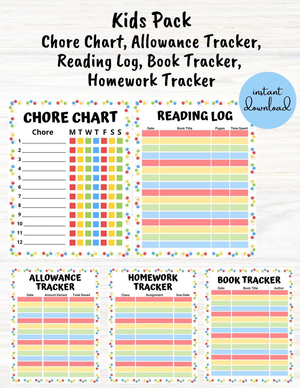 Kids Pack Bundle Chore Chart Allowance Tracker Reading Log Book Tracker ...