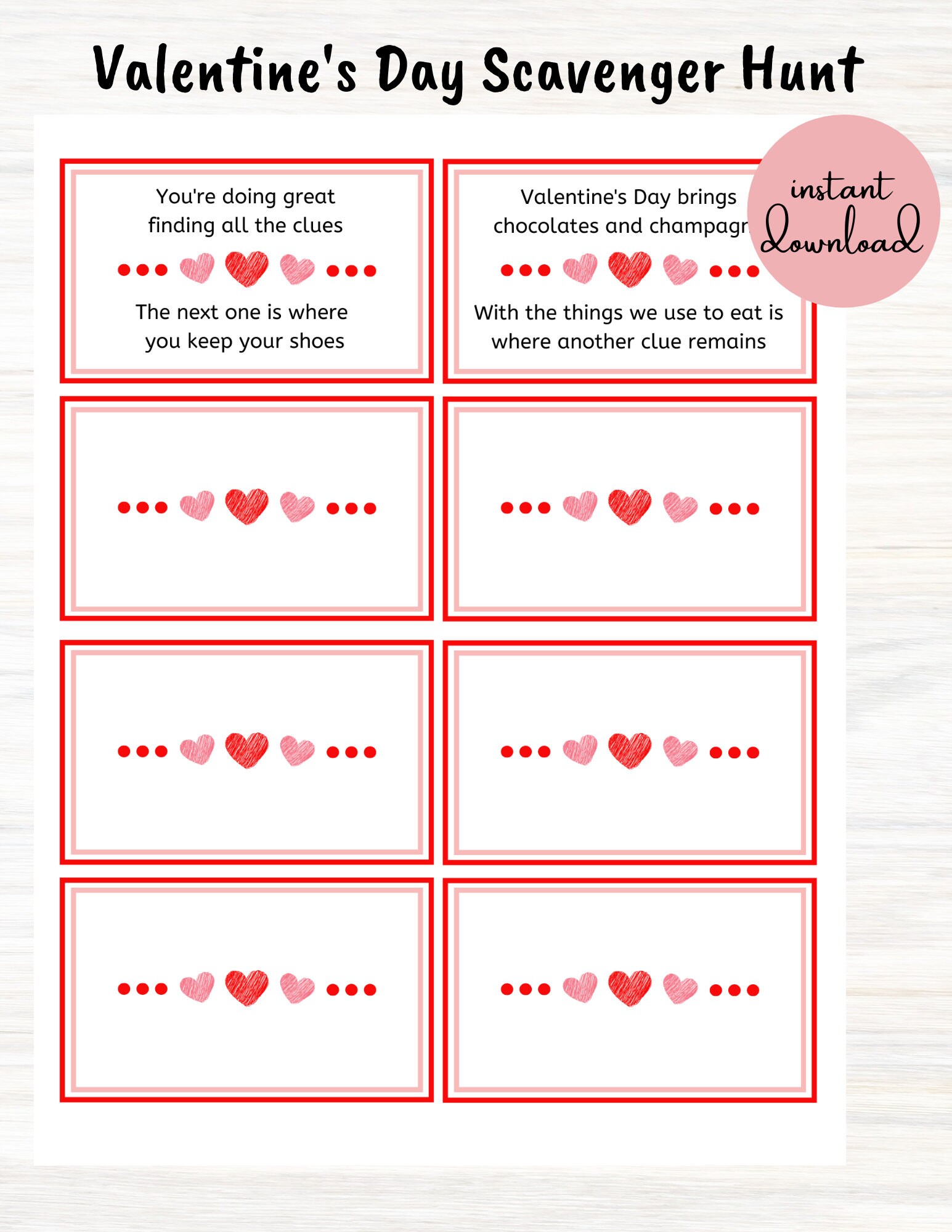 Valentine's Day Scavenger Hunt Clue Cards| Valentine's Day Treasure ...