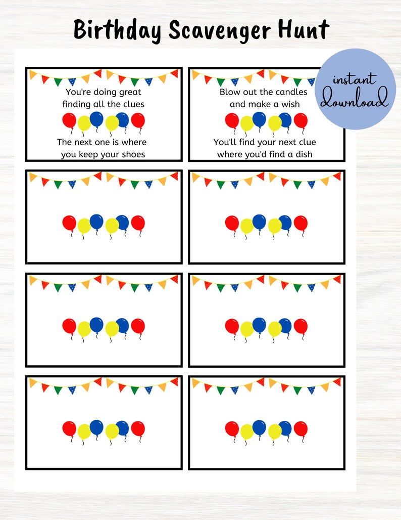 Birthday Scavenger Hunt Clue Cards | Birthday Treasure Hunt | Printable ...
