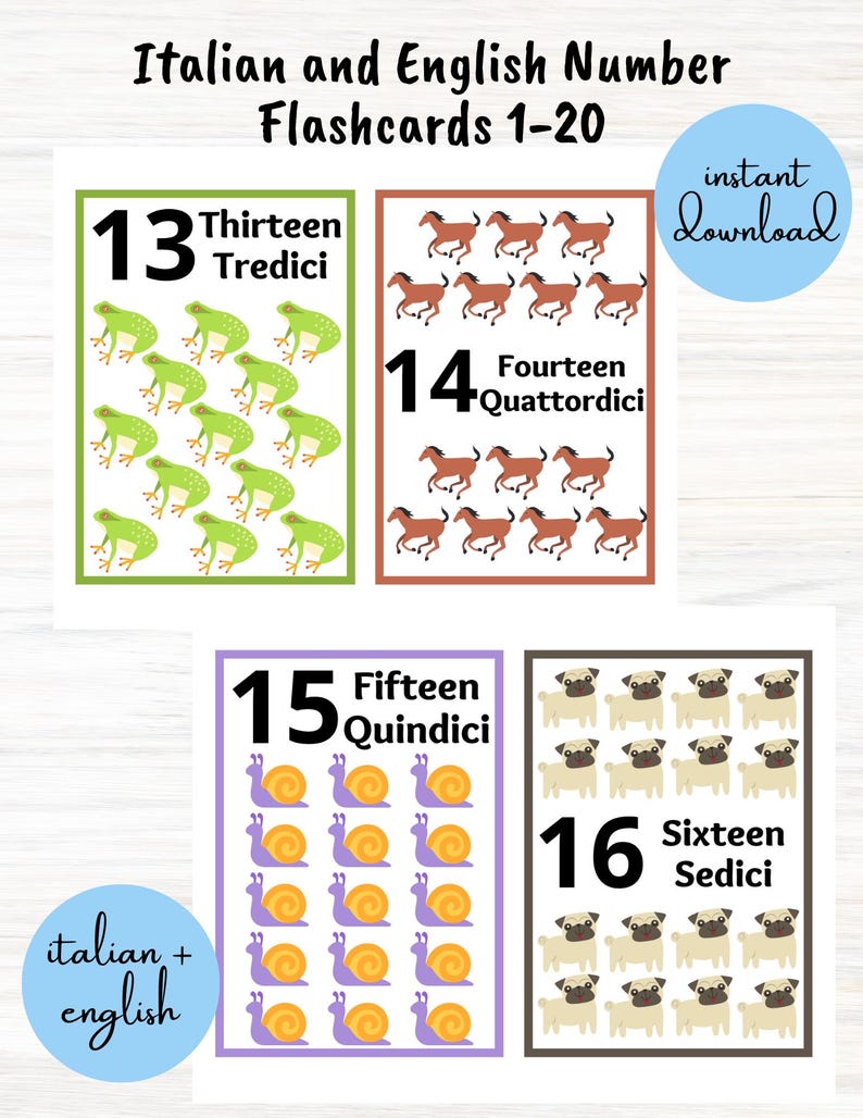Number Cards 1-20 Animal Number Flashcards Italian Number Cards ...
