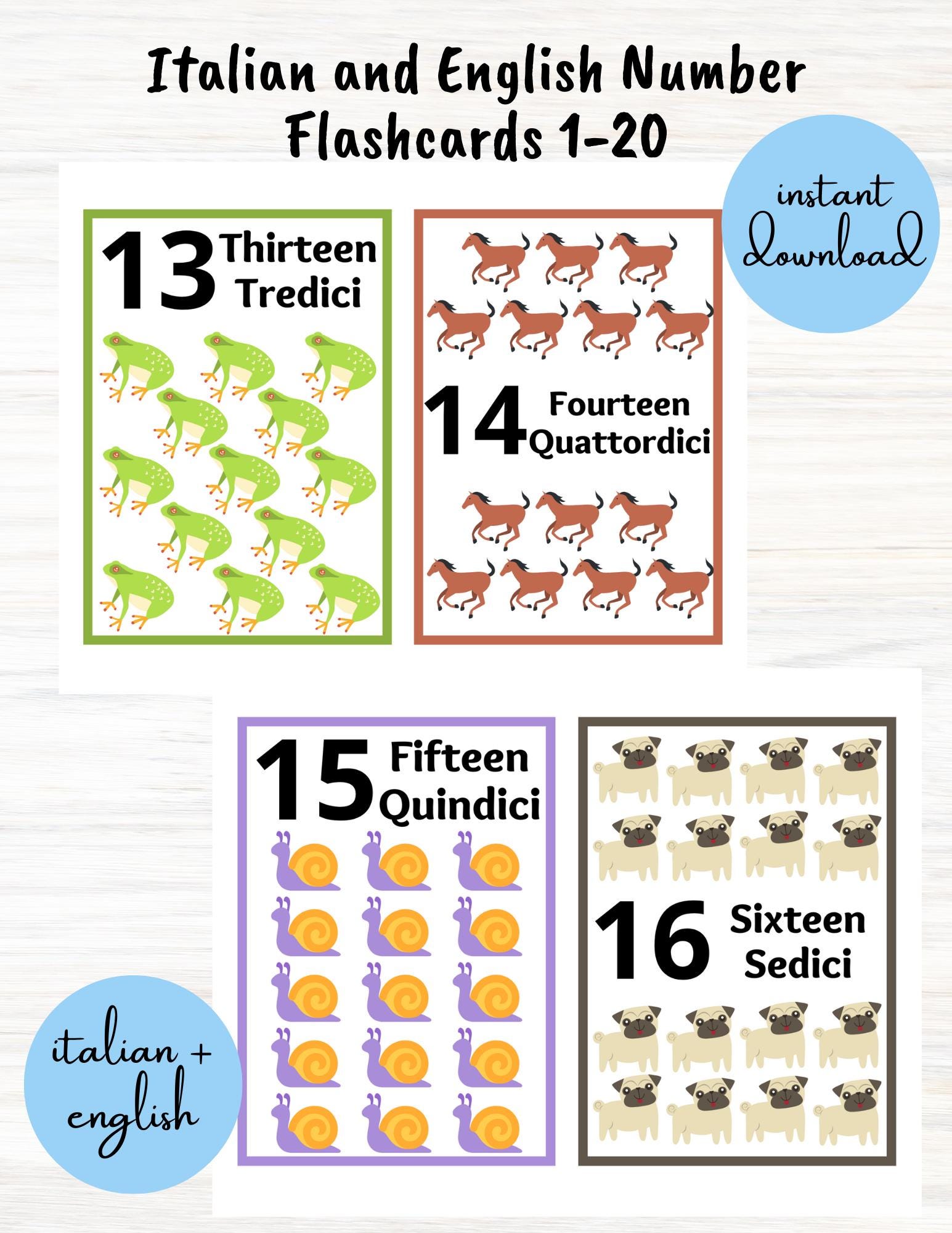 Number Cards 1-20 Animal Number Flashcards Italian Number Cards ...