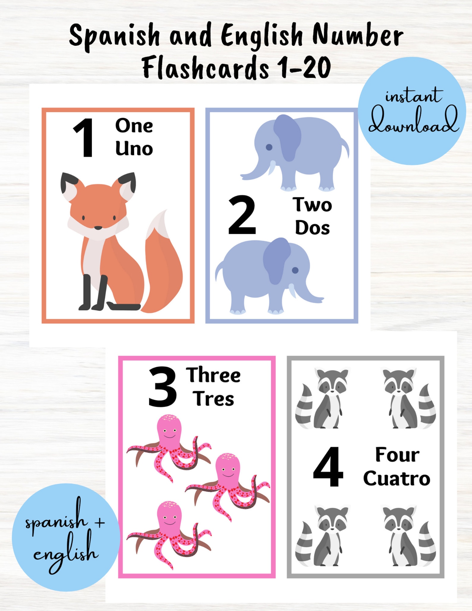 Number Cards 1-20 Animal Number Flashcards Spanish Number Cards ...