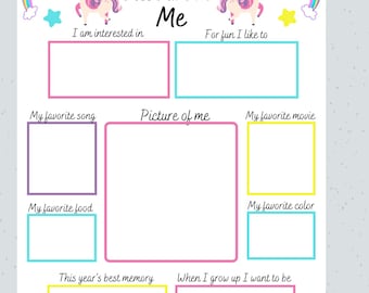 All About Me Unicorn Themed Girl Printable Activity, Preschool 1st ...
