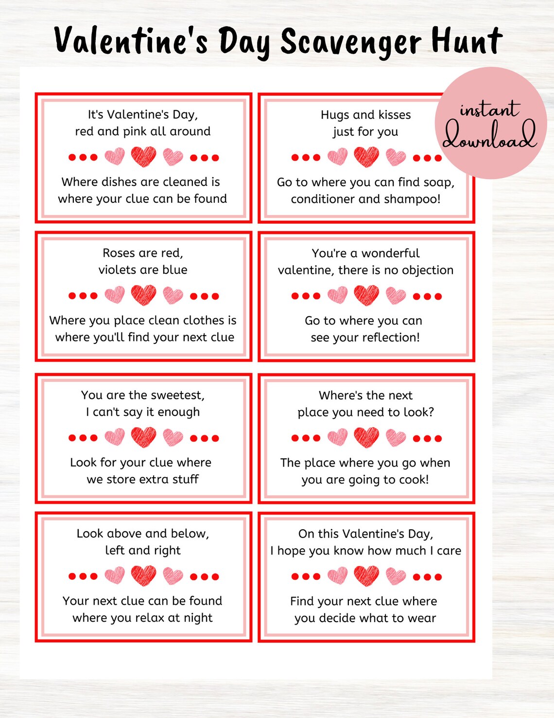 Valentine's Day Scavenger Hunt Clue Cards| Valentine's Day Treasure ...