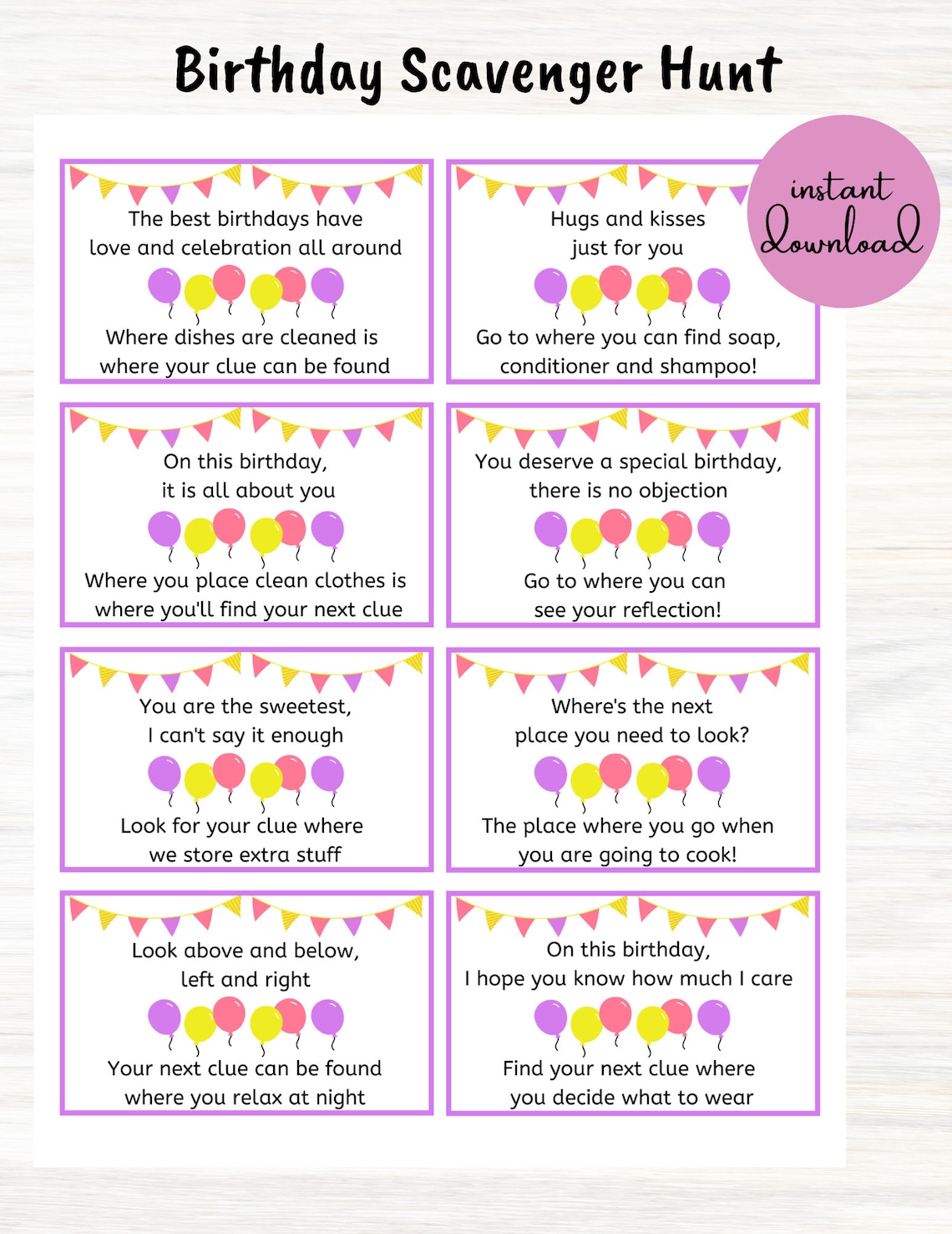 Birthday Scavenger Hunt Clue Cards | Birthday Treasure Hunt | Birthday ...