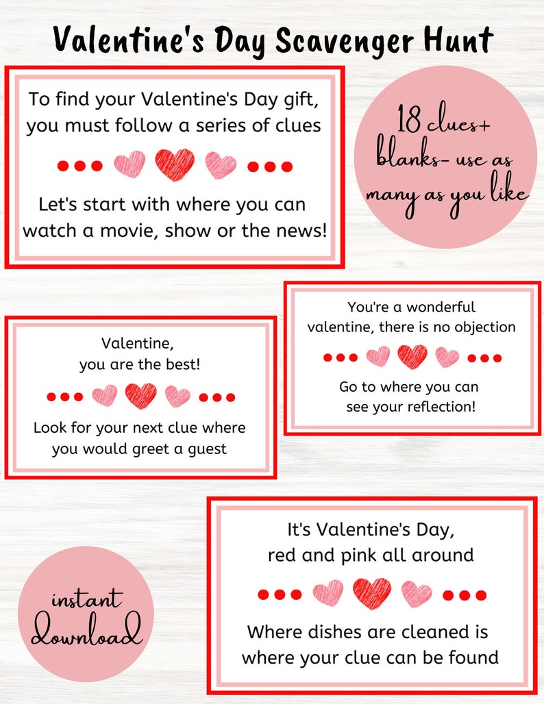 Valentine's Day Scavenger Hunt Clue Cards| Valentine's Day Treasure ...