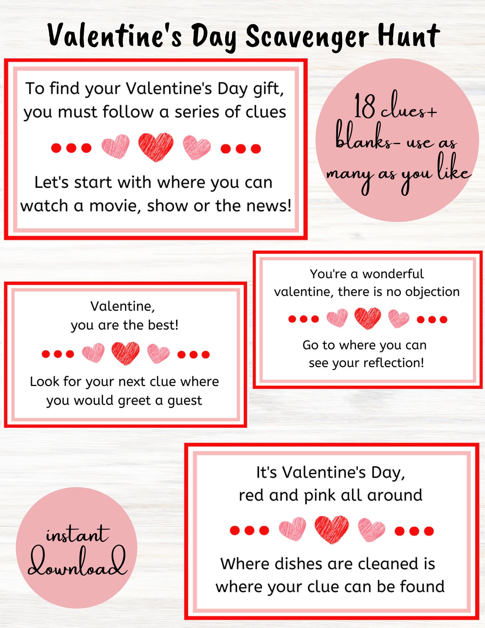 Valentine's Day Scavenger Hunt Clue Cards| Valentine's Day Treasure ...