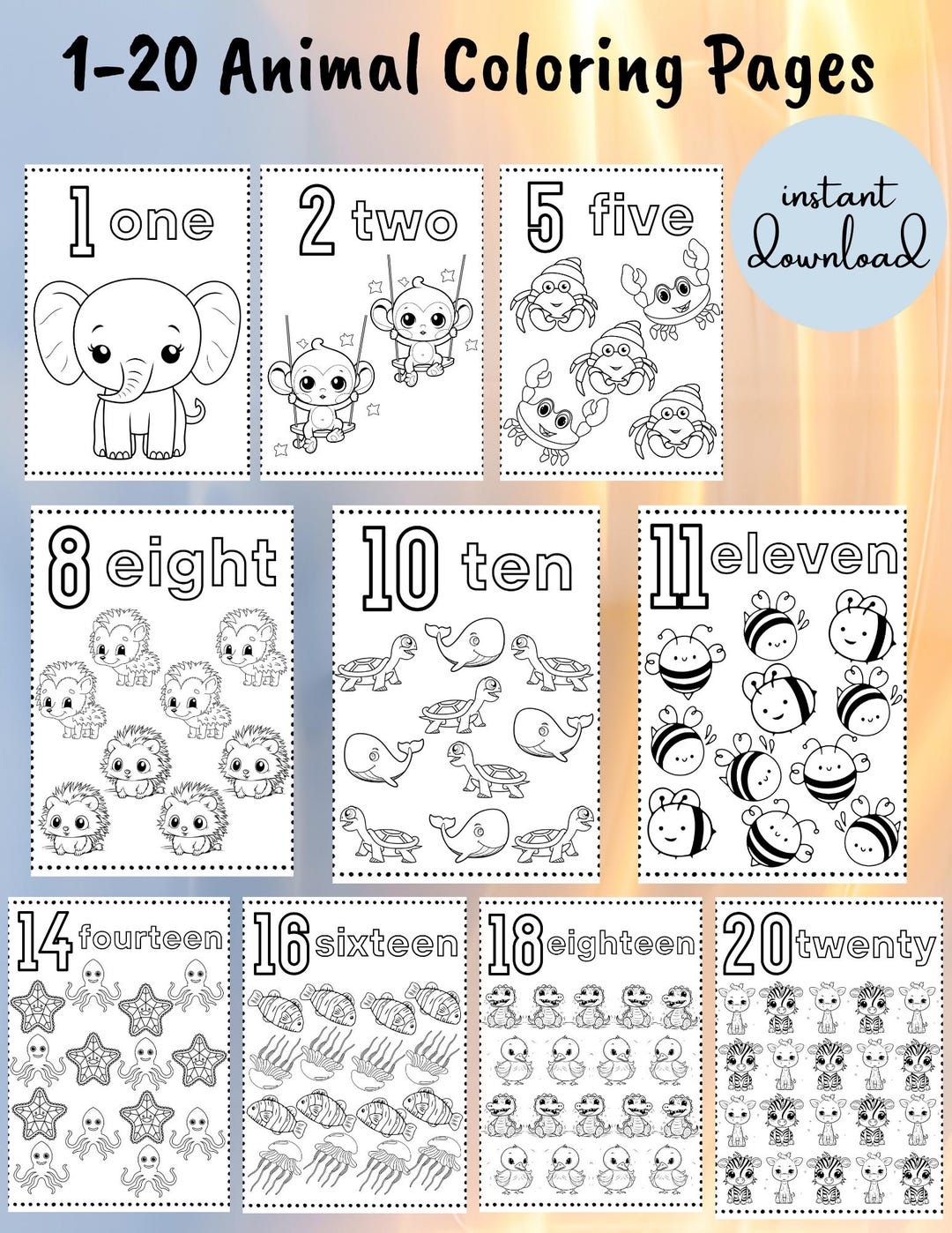 Number Coloring Pages 1-20 Counting Numbers Kindergarten Preschool Prek ...