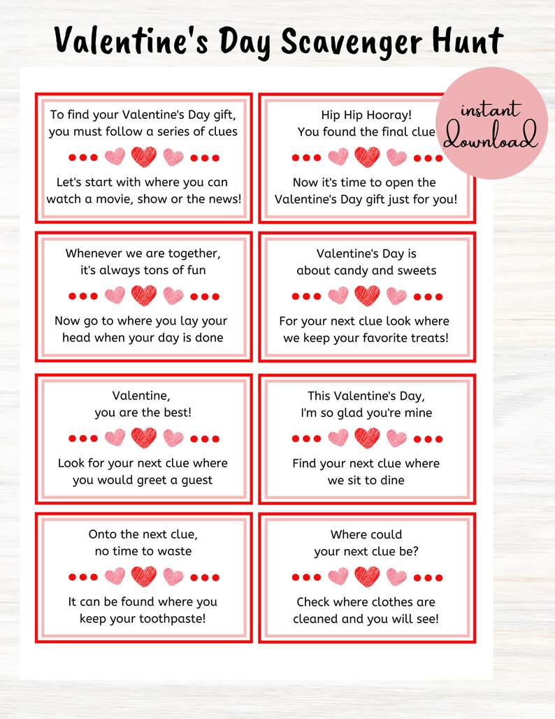 Valentine's Day Scavenger Hunt Clue Cards| Valentine's Day Treasure ...