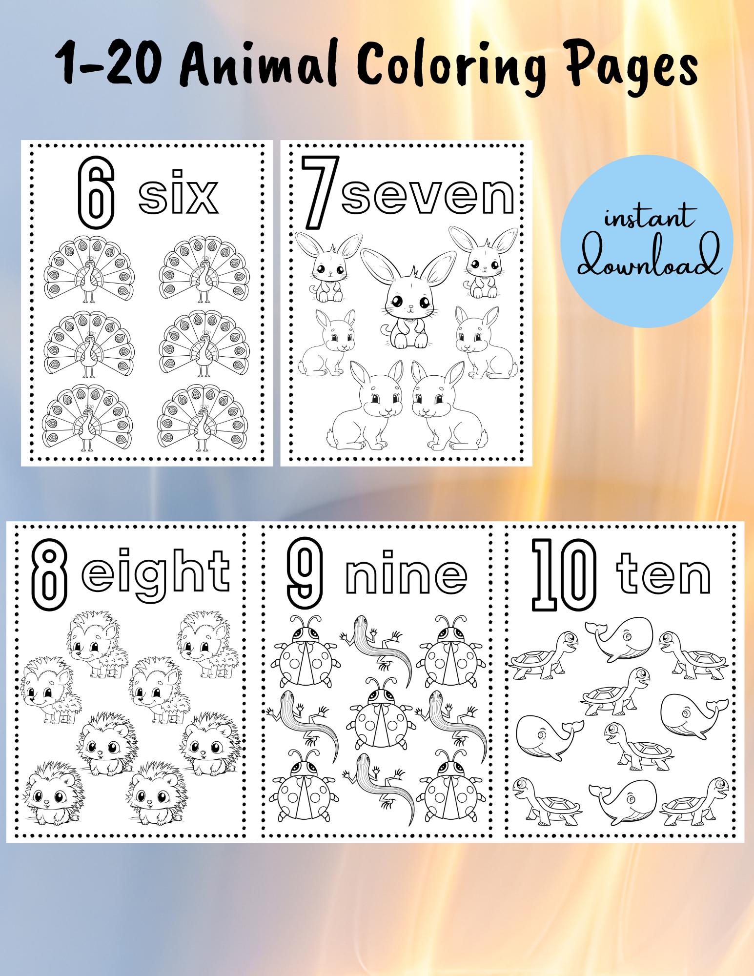 Number Coloring Pages 1-20 Counting Numbers Kindergarten Preschool Prek ...