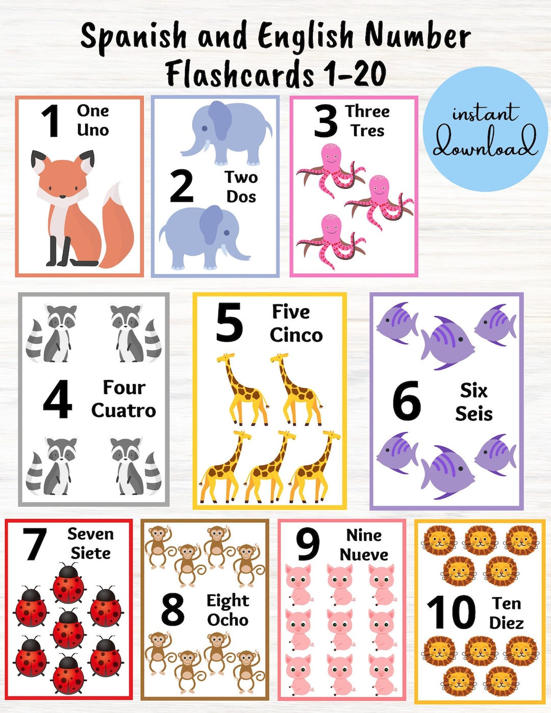 Number Cards 1-20 Animal Number Flashcards Spanish Number Cards ...