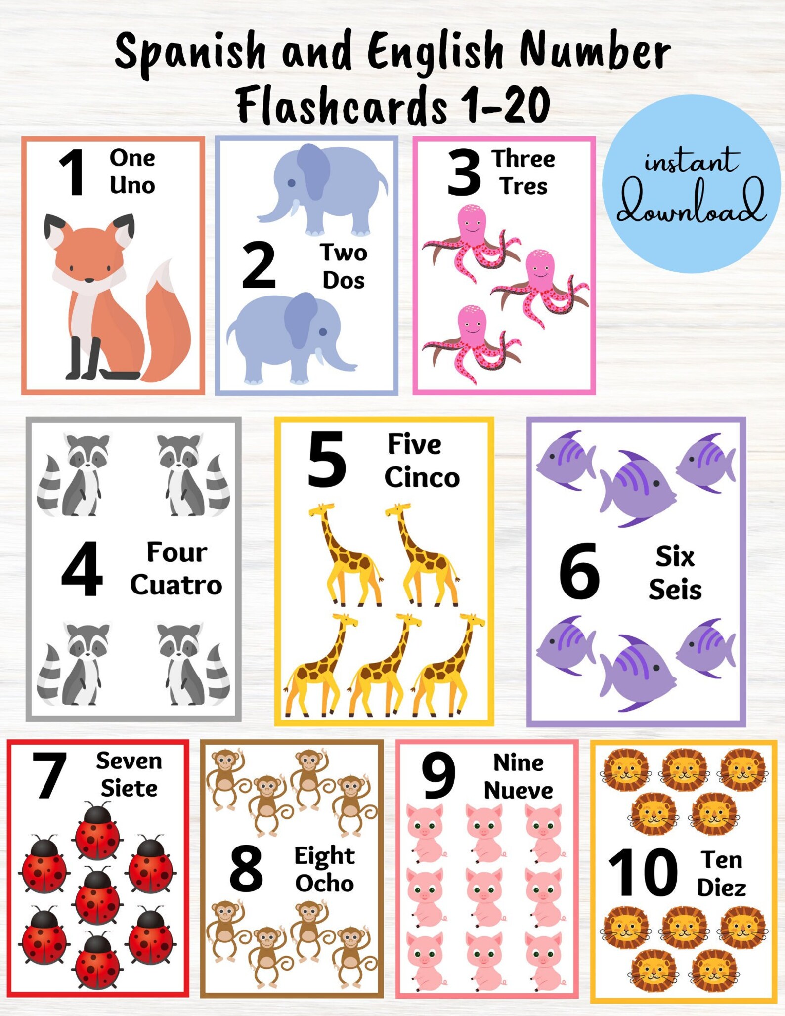Number Cards 1-20 Animal Number Flashcards Spanish Number Cards ...
