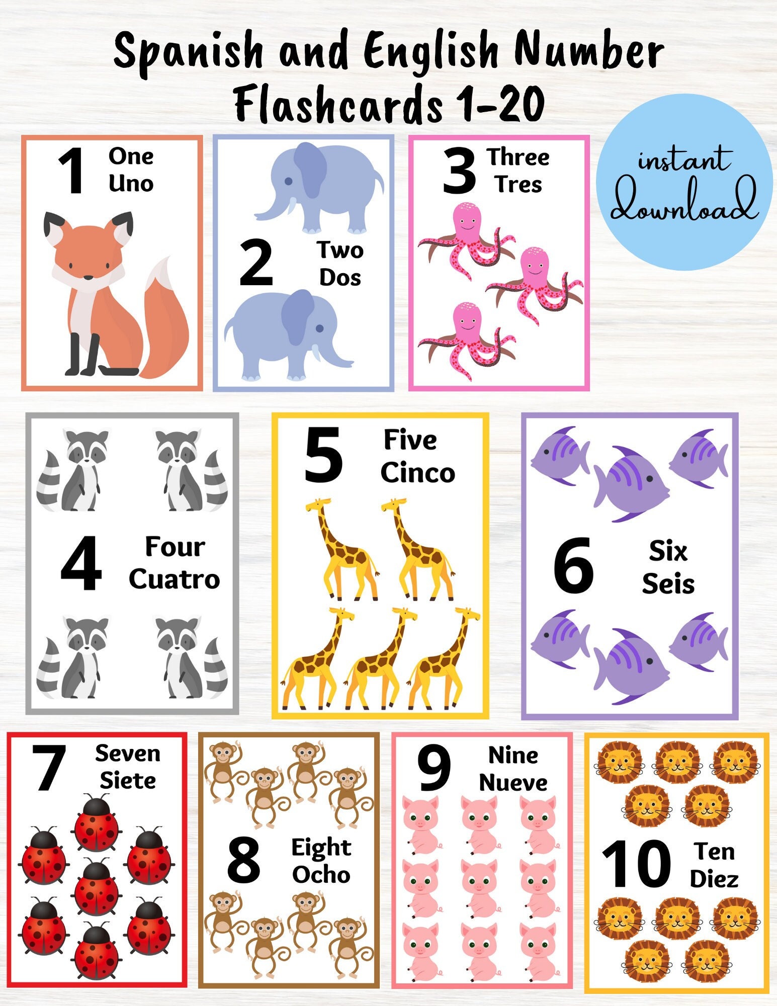 Number Cards 1-20 Animal Number Flashcards Spanish Number Cards ...
