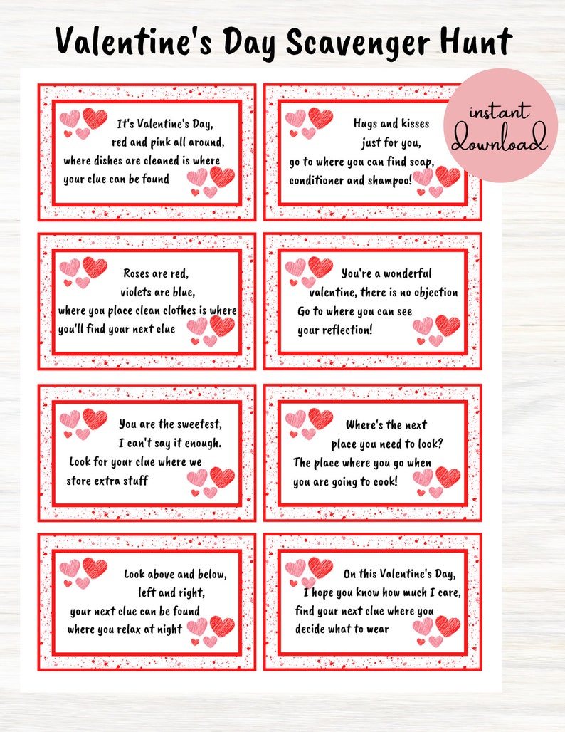 Valentine's Day Scavenger Hunt Clue Cards| Valentine's Day Treasure ...