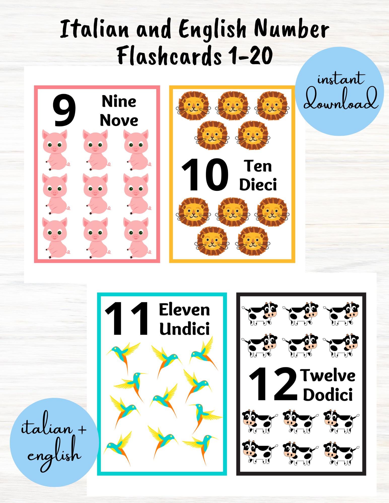 Number Cards 1-20 Animal Number Flashcards Italian Number Cards ...