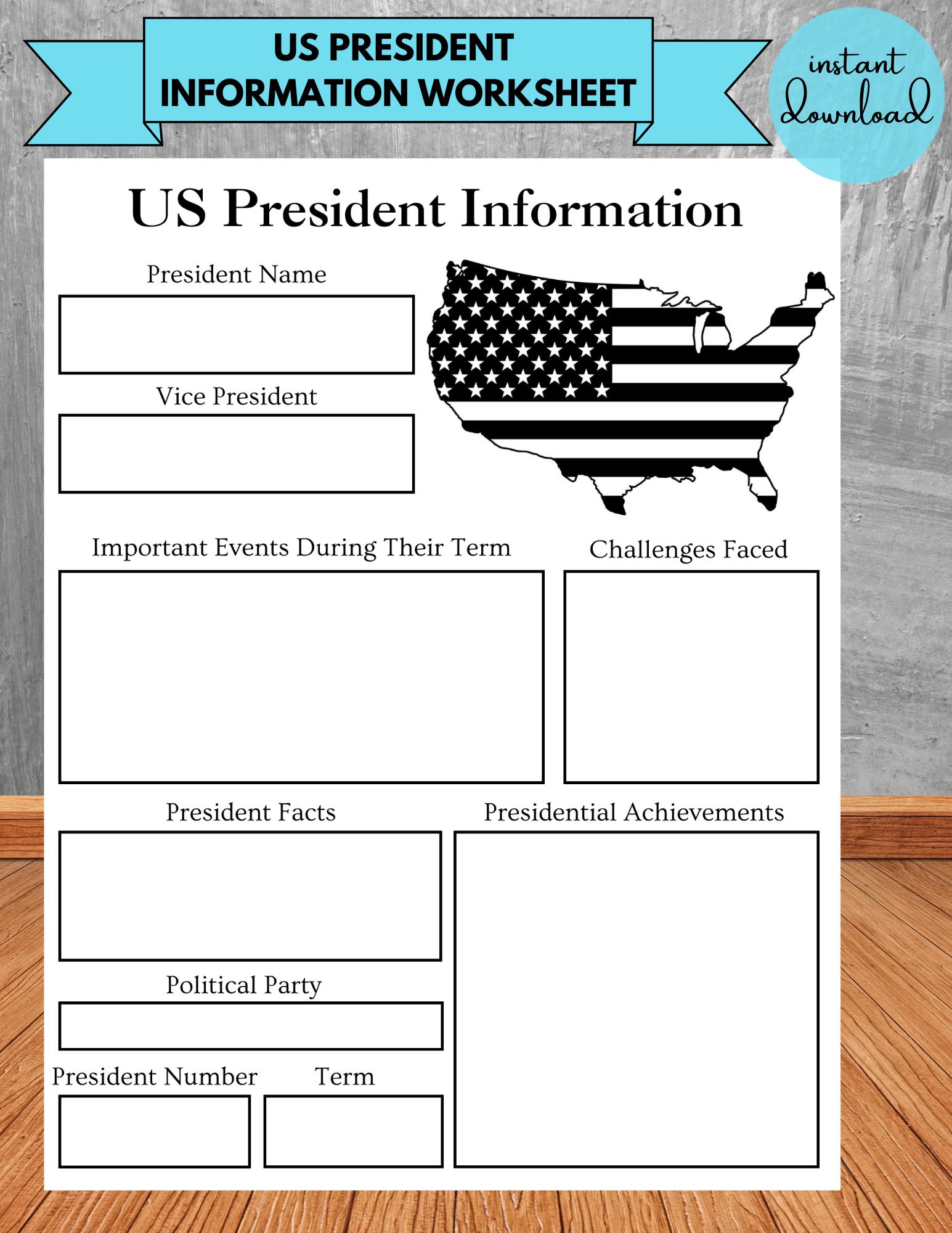 US President Report Worksheet Information Research Kids Homeschool ...