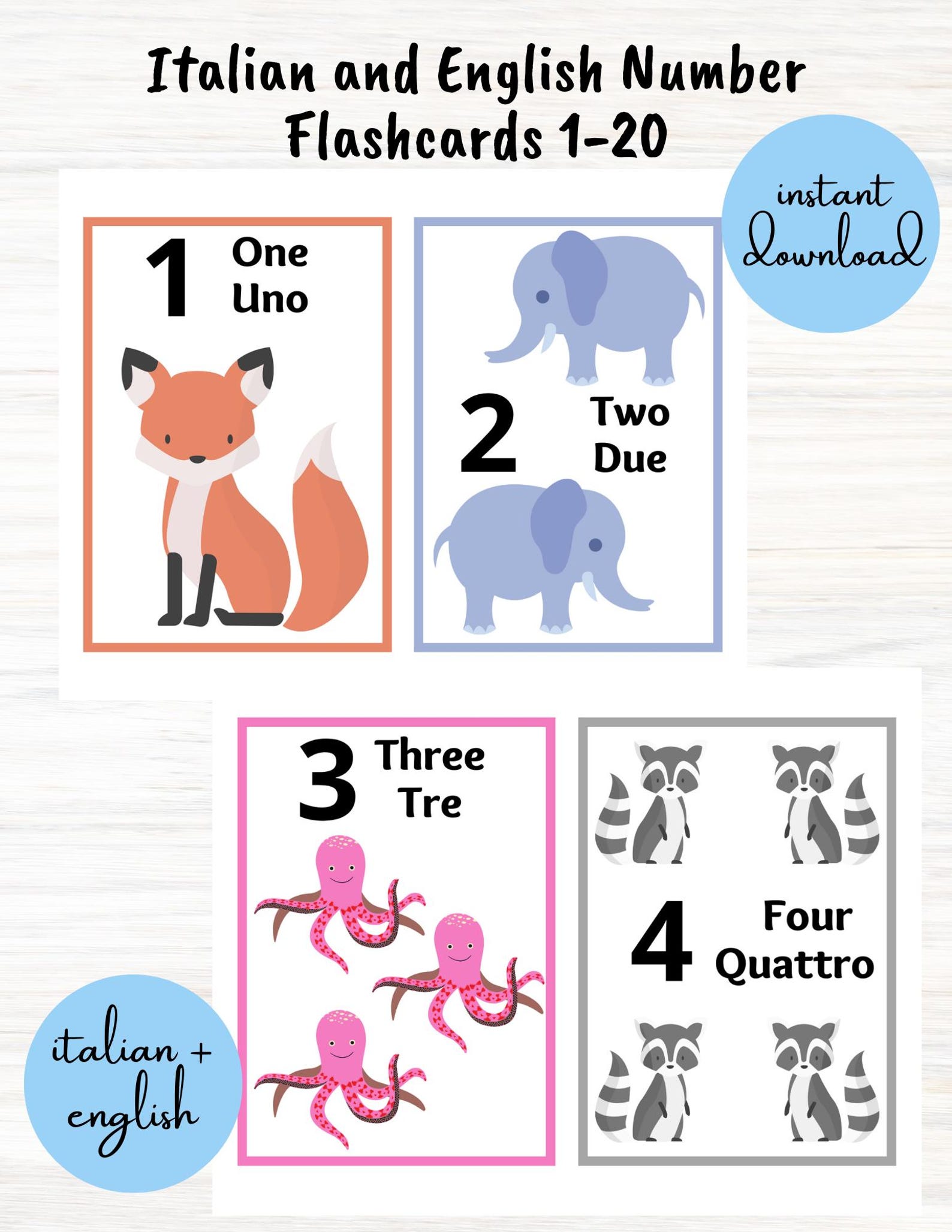 Number Cards 1-20 Animal Number Flashcards Italian Number Cards ...
