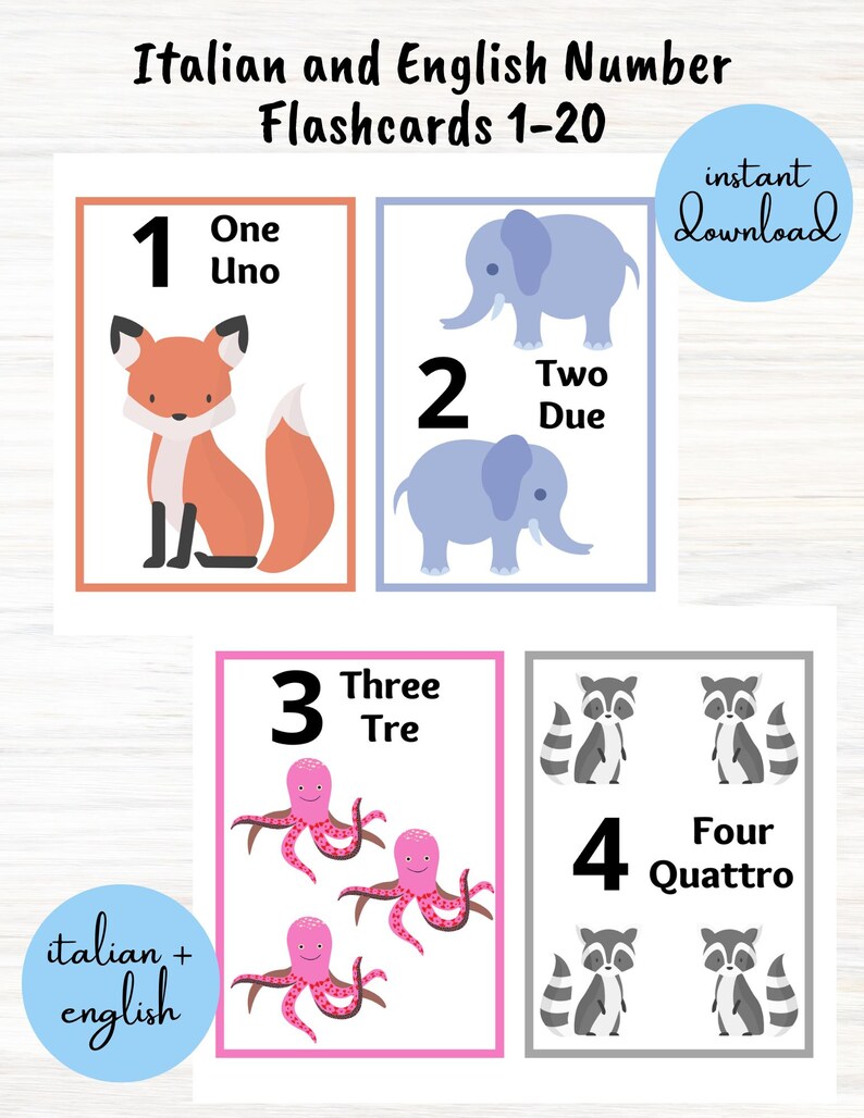 Number Cards 1-20 Animal Number Flashcards Italian Number Cards ...