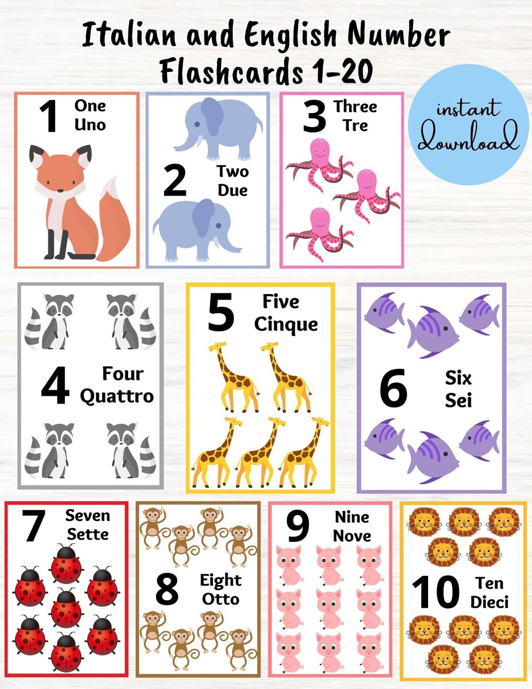 Number Cards 1-20 Animal Number Flashcards Italian Number Cards ...