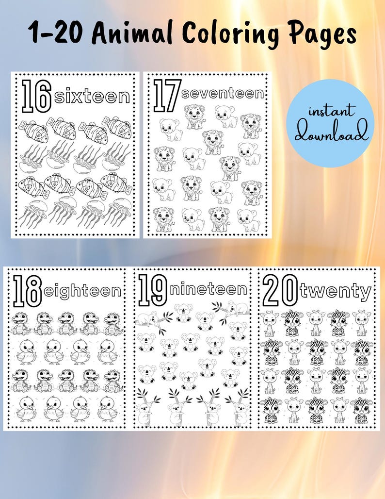 Number Coloring Pages 1-20 Counting Numbers Kindergarten Preschool Prek ...