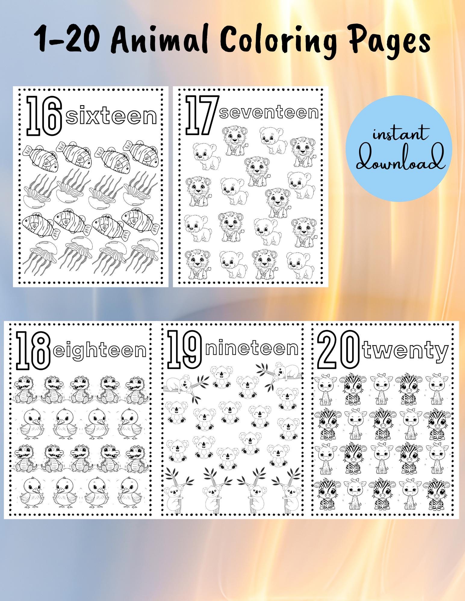 Number Coloring Pages 1-20 Counting Numbers Kindergarten Preschool Prek ...