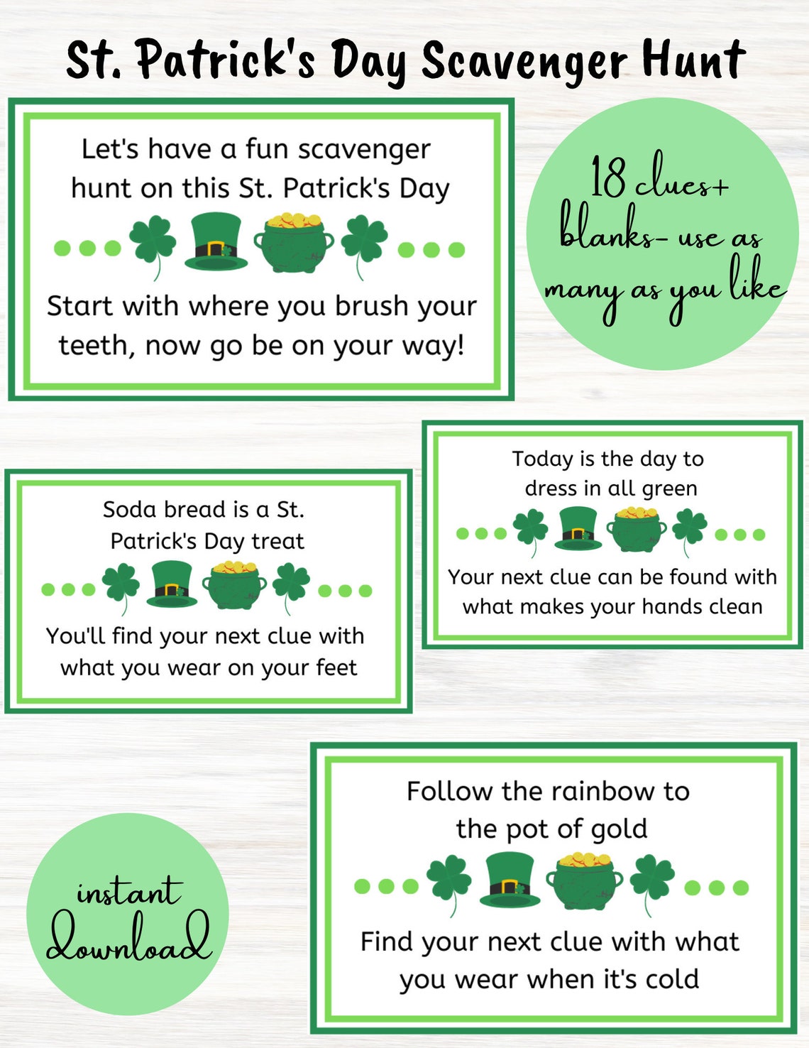 St. Patrick's Day Scavenger Hunt Clue Cards| Saint Patrick's Day ...