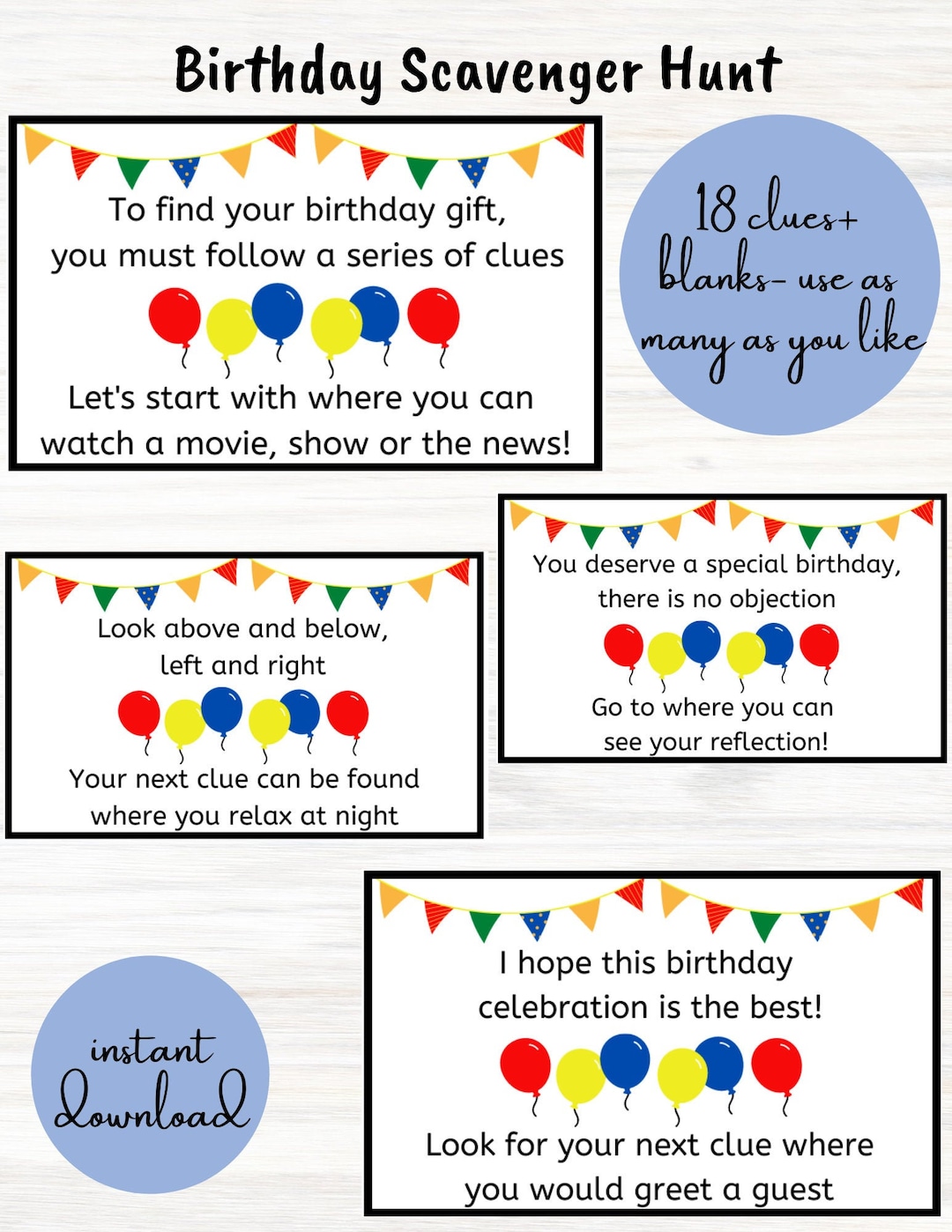Birthday Scavenger Hunt Clue Cards | Birthday Treasure Hunt | Printable ...