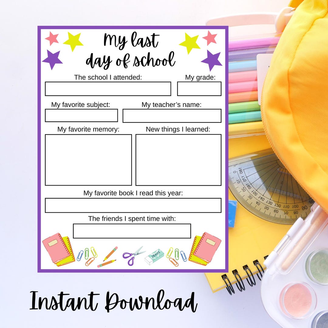 Last Day of School Worksheet, End of School Questionnaire, Year in ...