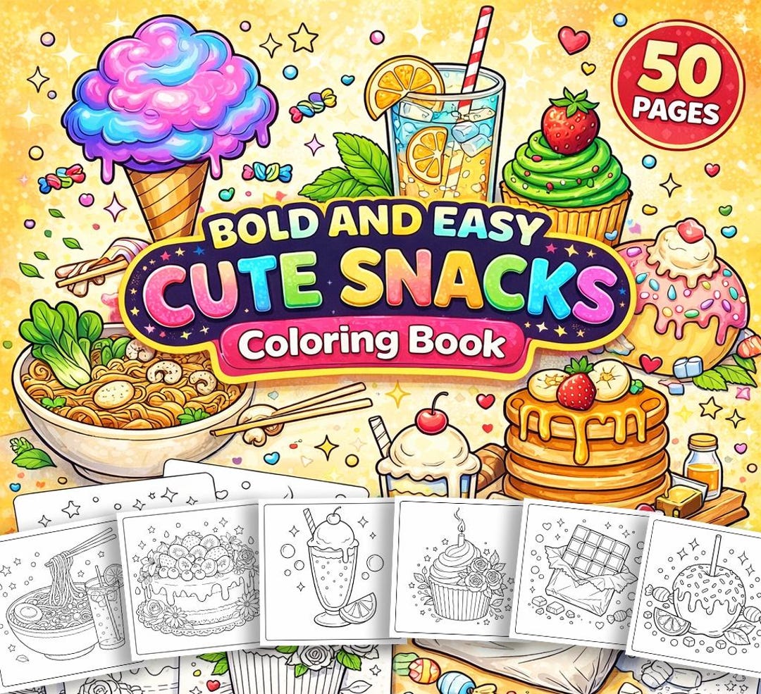 Bold and Easy Cute Snacks Coloring Book, 50 Bold and Easy Designs to ...