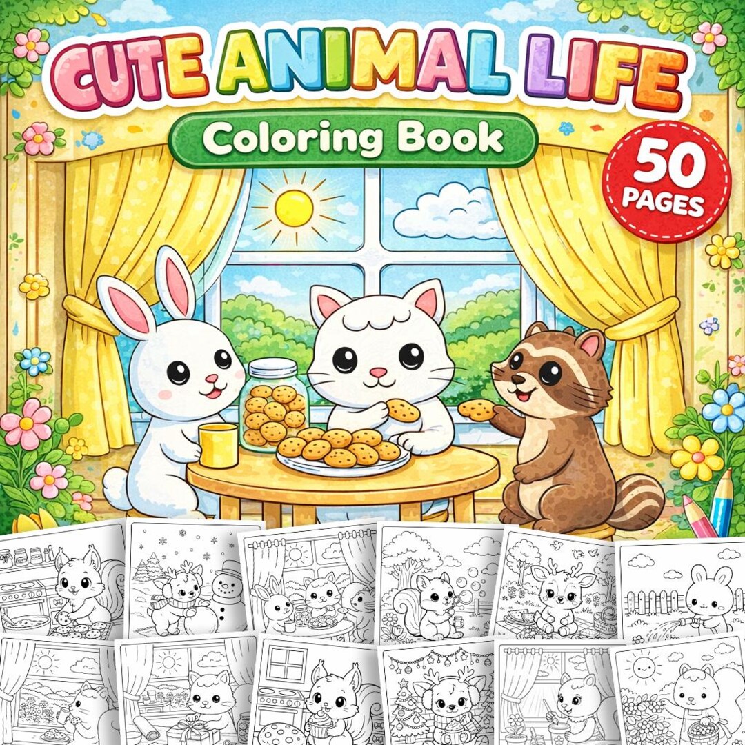 Cute Animal Life Coloring Book, Daily Life of Adorable Animals ...